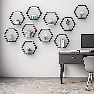 Hexagon Floating Shelves Metal Hexagonal Shelves Wall Mount Honeycomb Storage Shelves Set of 10 Modern Floating Black Display Rack for Wall Decor Geometric Hanging Shelf in Farmhouse Bed/Living Room
