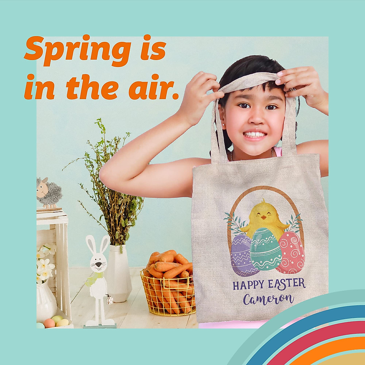 Pattern Pop - Personalized Easter Tote Bag - Sturdy Cotton Blend Canvas Tote - 14” W x 15.25” H - Personalized for You - ‘Happy Easter’ Chick and Easter Eggs