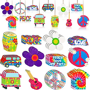 36 Pieces 60 70's Hippie Groovy Party Tie Dye Birthday Wooden Hanging Ornaments Hippy Retro Flower Peace Sign Wooden Hanging Ornaments for 60's Vibe Party Decoration DIY Craft