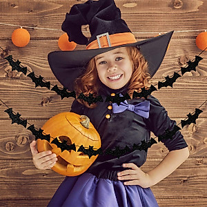 Black Glitter Bat Garland Halloween Bats Garland Banner, Bat Halloween Banner Bat Halloween Decorations for Halloween Home Mantle Haunted Mansion Decorations