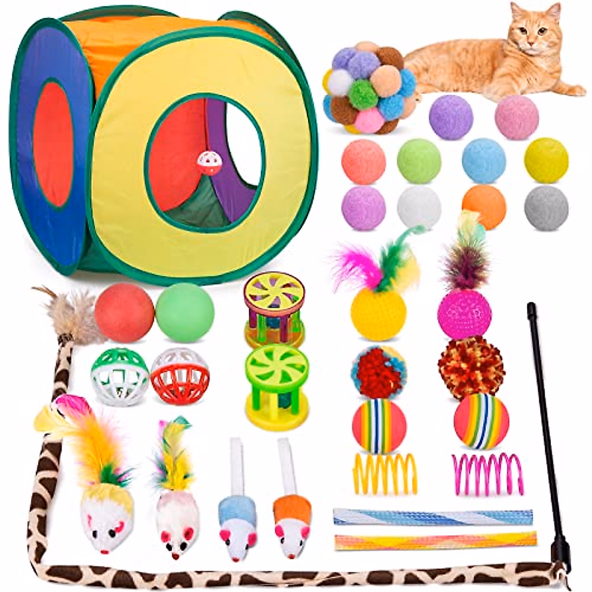 Retro Shaw Cat Toys Set, Interactive Cat Kitten Toys for Indoor Cats Kitty with Collapsible Cat Play Tunnel Tube Tent Cat Feather Wand Teaser Cat Bell Fuzzy Ball Springs Mouse Toys