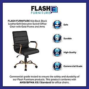 Flash Furniture Whitney Mid-Back Desk Chair - Black LeatherSoft Executive Swivel Office Chair with Gold Frame - Swivel Arm Chair