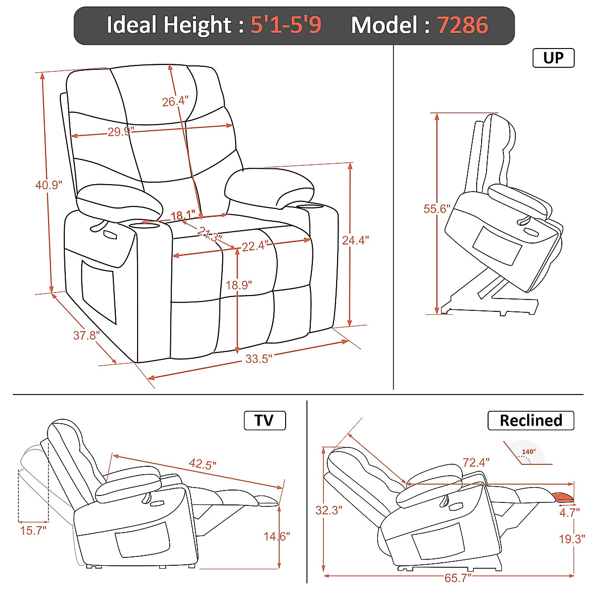 MCombo Power Lift Recliner Chair with Extended Footrest, 2 Cup Holders, USB Ports for Elderly People, Fabric 7286 (Beige)