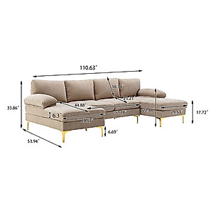 U Shaped Sectional Sofa with Double Extra Wide Chaise Lounge, 110.63" Soft Velvet Upholstery Couches with Solid Wood Frame, Detachable Cover & Armrest and Golden Color Metal Feet, Easy to Install