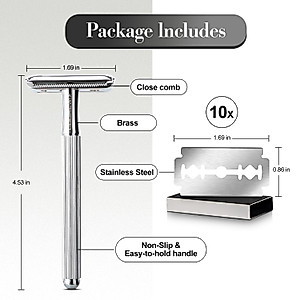 KINGHOOD Copper Double Edge Safety Razor with 10 Razor Blades, Long Handle & Weighted Razor, Single Blade for Sensitive Skin