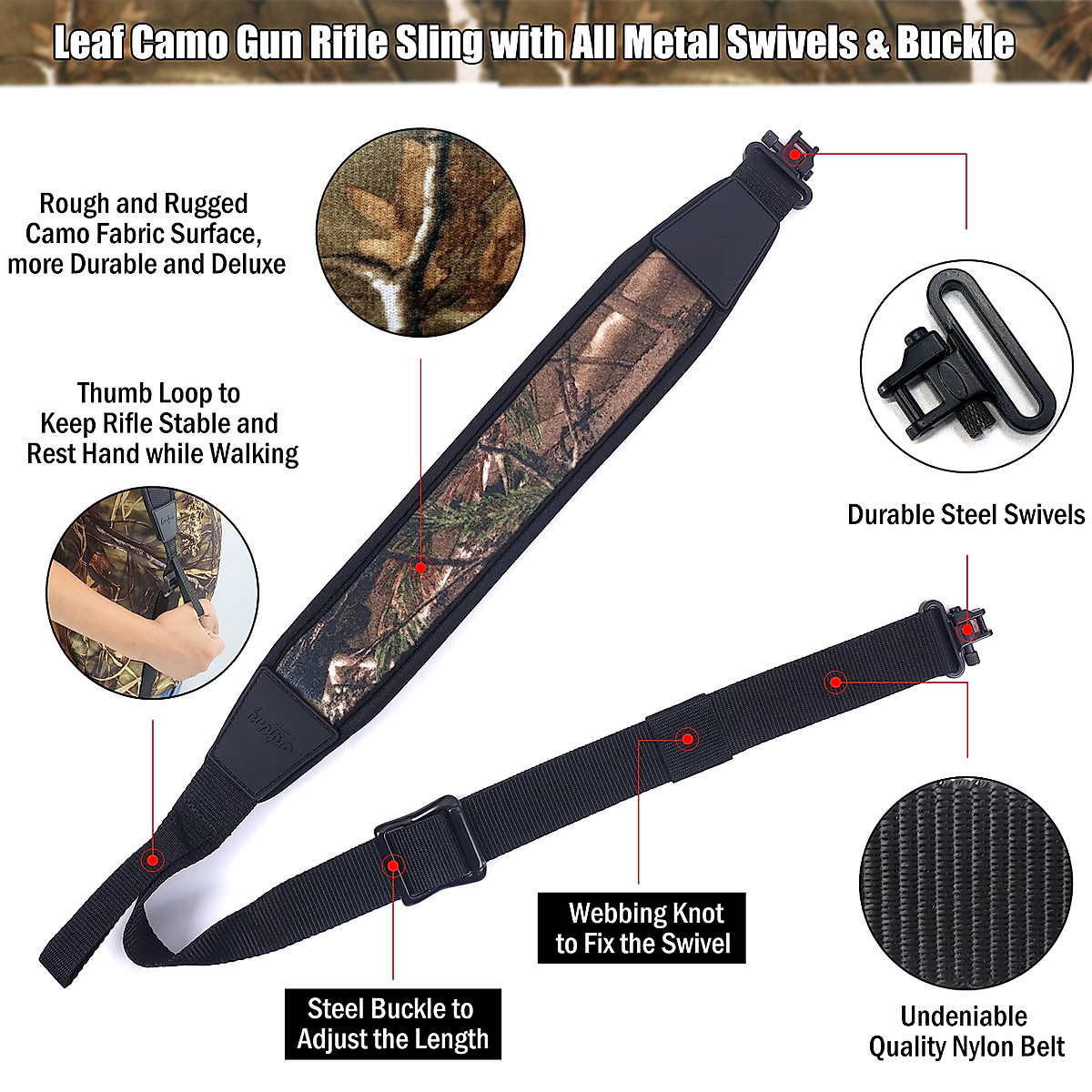 HUNTPAL 2 Point Gun Sling for Rifle Shotgun Crossbow, Hunting Gun Sling with Swivels, Quick Length Adjustment Metal Slider and Thumb Hole, Comfortable Neoprene Padded Shoulder Strap Gun Strap