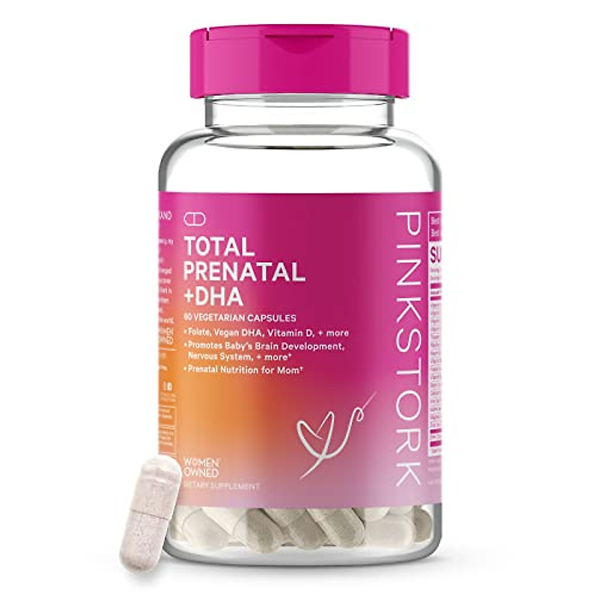 Pink Stork Total Prenatal Vitamin with DHA & Folate: Doctor-Formulated Prenatal Vitamins, Multivitamin with Iron, Vitamin B6 & B12, Vitamin D, Pregnancy Must Haves, Women-Owned, 60 Vegetarian Caps