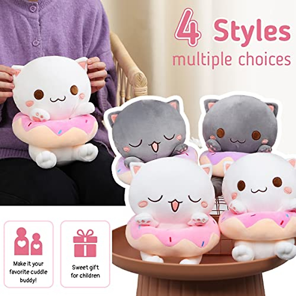 AIXINI Cute Plush Donut Cat Stuffed Animal, Super Soft Kawaii Cat Kitten Plushies for Kids 10inch (White,A)