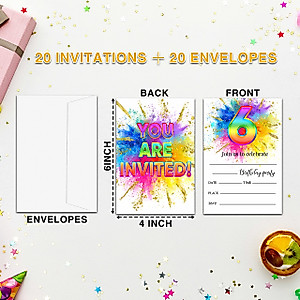 Ycyfckdr 6th Birthday Invitations for Kids, Rainbow Painting Birthday Party Invitation Cards, Gold Foil Party Celebration Supplies Decoration -20 Fill in Invitations with Envelopes (A02)