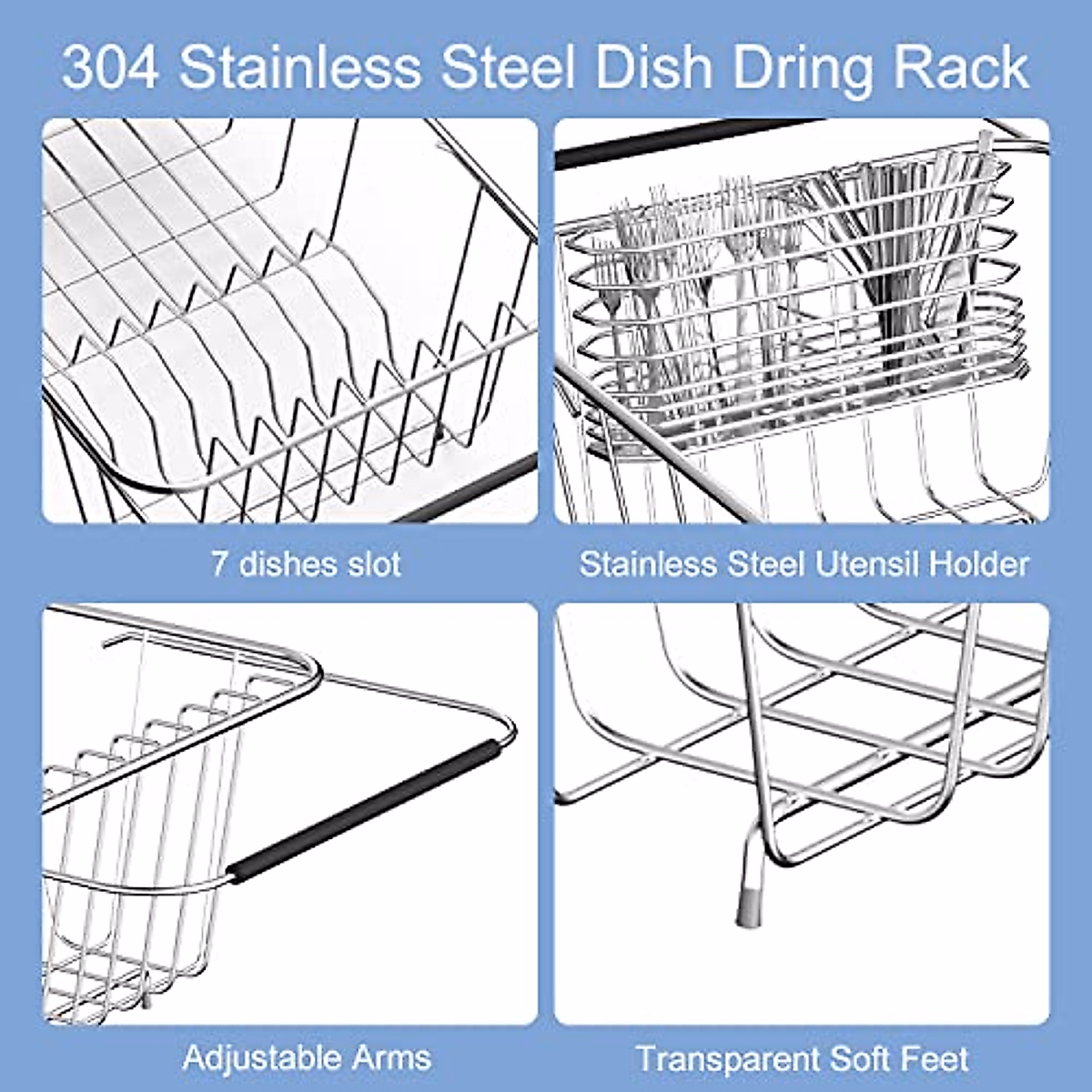 Sink Dish Drying Rack, 304 Stainless Steel Rustproof Expandable Dish Drainer Organizer with Stainless Steel Silverware Holder Over Inside Sink-Adjustable 14.96" to 20.59" （Maximium 7 Upright Dishes ）