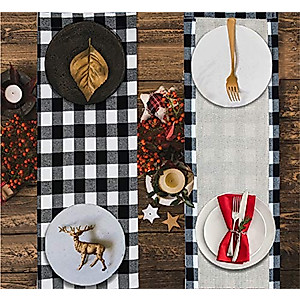 Senneny Christmas Table Runner Burlap & Cotton Black White Plaid Reversible Buffalo Check Table Runner for Christmas Holiday Birthday Party Table Home Decoration, 14 x 72 Inch