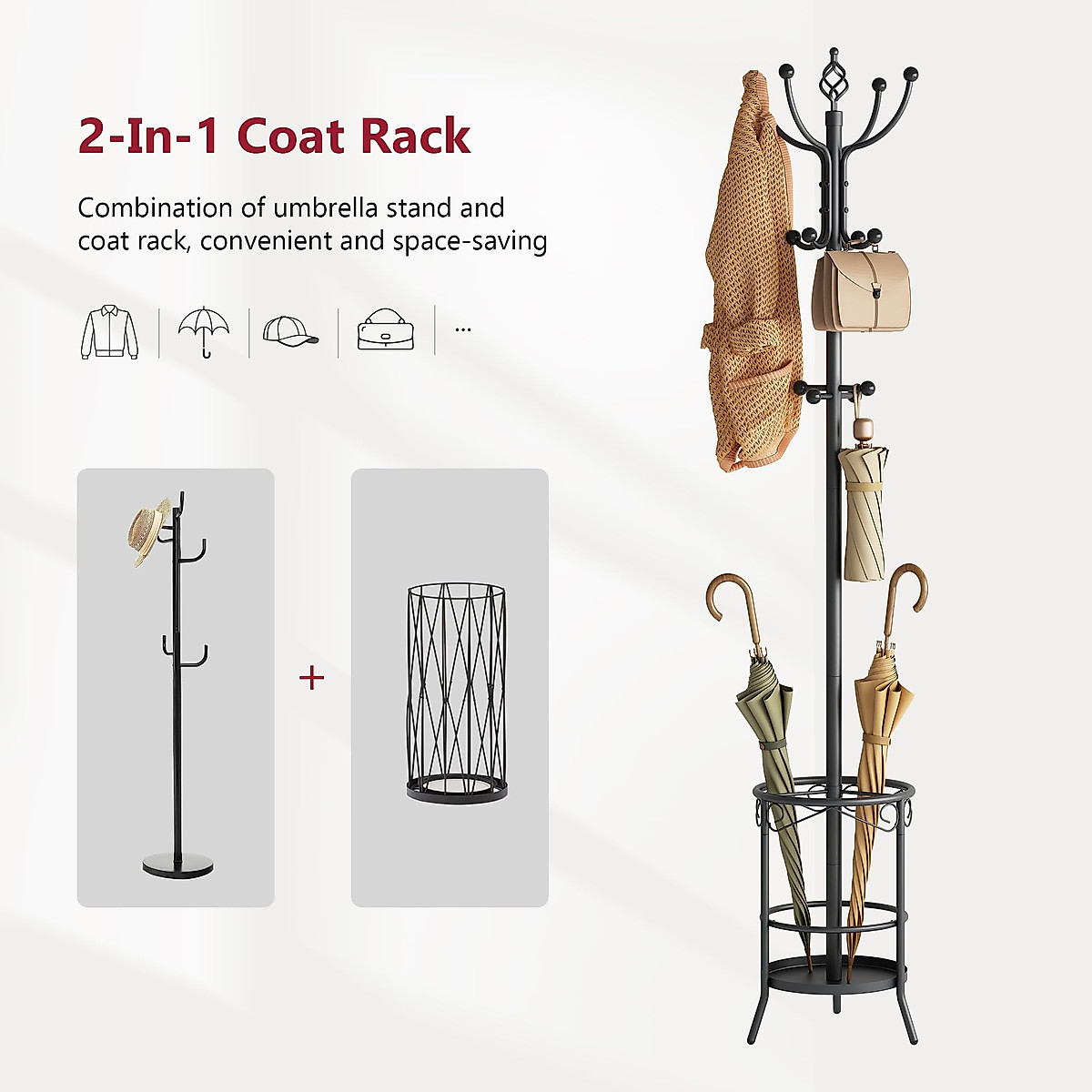 Tajsoon Coat Rack Stand with Umbrella Holder, Entryway Coat Hanger with 12 Hooks, for Living Room, Bedroom, Office