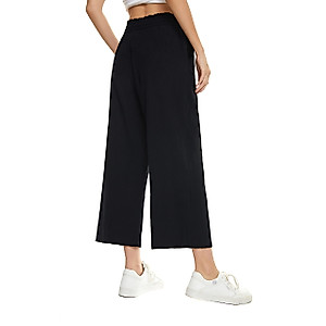 LNX Womens High Waisted Capri Pants 100% Linen Wide Leg Drawstring Flowy Comfy Crop Pants Black