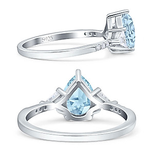 OMRANII Simulated Aquamarine CZ Size-7 Teardrop Pear Art Deco Engagement Wedding Bridal Ring Round Triangle Round CZ 925 Sterling Silver