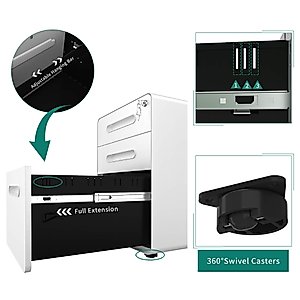 YITAHOME 3-Drawer Metal Mobile File Cabinet, Rolling Filing Cabinet with Lock, Filing Cabinet Under Desk fits Legal/A4 Size for Home/Office, Fully Assembled,White