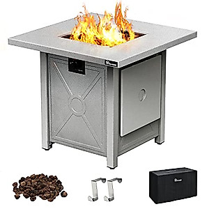 YITAHOME 28 Inch Propane Fire Pit Table, 40,000 BTU Gas Fire Pit with Ignition Systems, Iron Tabletop, Lava Rock, Cover, Lid Hanger, Square Outdoor Firetable for Patio Garden Backyard (Sliver Grey)