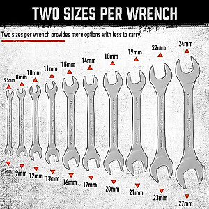 HORUSDY Thin Wrenches Set | Metric | 10-Piece | Including 5.5mm to 27mm | Bike Wrench Set | Thin Open End Wrench Set with Rolling Pouch