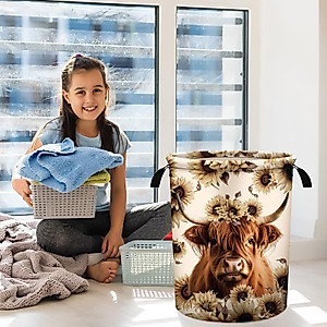 Qinyoung 17.7 x 13.7 Inch Highland Cow Laundry Basket Foldable Waterproof Oxford Cloth Laundry Hamper Clothes Storage Bucket Toy Organizer Farm Animal Storage Basket Bin for Bathroom Nursery Office