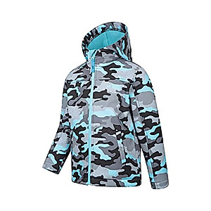 Mountain Warehouse Exodus Kids Softshell Jacket With Hood - Girls Boys Coat Blue Camo 11-12 Years
