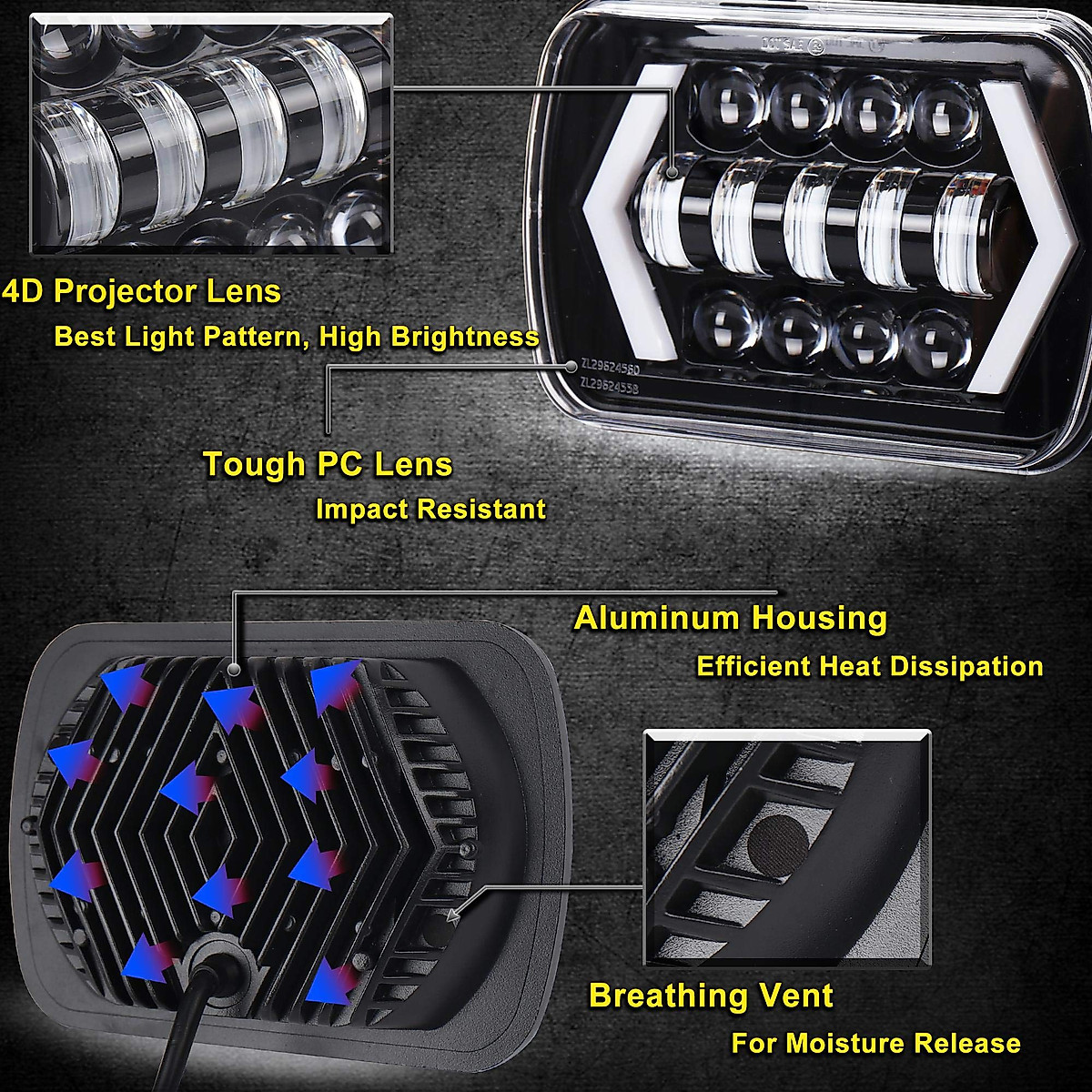 OVOTOR 7x6 inch Halo LED Headlights, 5x7 inch Square LED Headlamp with Arrow Angel Eyes DRL Turn Signal Light Replaces H6054 H5054 H6054LL 69822 Fit Trucks Wrangler XJ YJ Sedans GMC