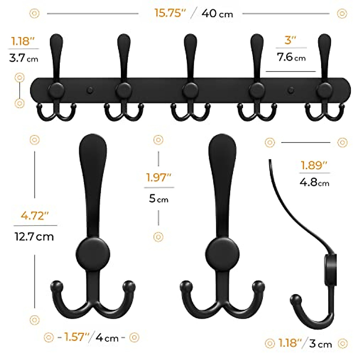 SAYONEYES Black Coat Rack Wall Mount with 5 Tri Hooks for Hanging – 16 Inch Heavy Duty Stainless Steel Rustic Coat Rack Wall Mount – Hat Rack, Hanger, Clothes, Jacket Hooks Wall Mount – 1 Pack