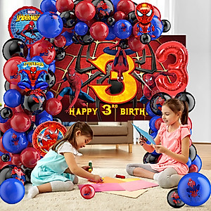126Pcs Spider 3rd Birthday Party Supplies, Spider Balloon Garland Arch Kit, Include Spider Balloons Arch, Spider Foil Balloon, Spider 3rd Birthday Backdrop Banner for Spider 3rd Birthday (3rd)