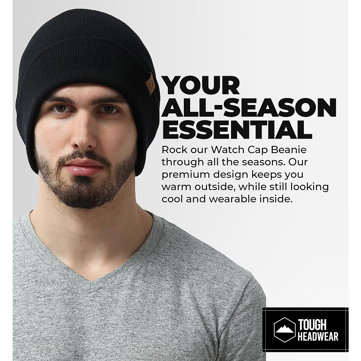 Tough Headwear Cuffed Beanie Hats for Men - Winter Beanies for Women - Toboggan Hat - Mens Winter Knit Hat - Stocking Cap Black