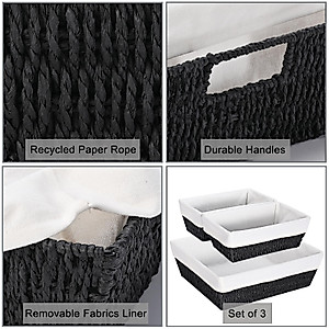 Vagusicc Storage Basket, Set of 2 Foldable Cube Hand-Woven Paper Rope Wicker Baskets 11 inches + Set of 3 Woven Paper Rope Wicker Handles Baskets for Storage with Liners
