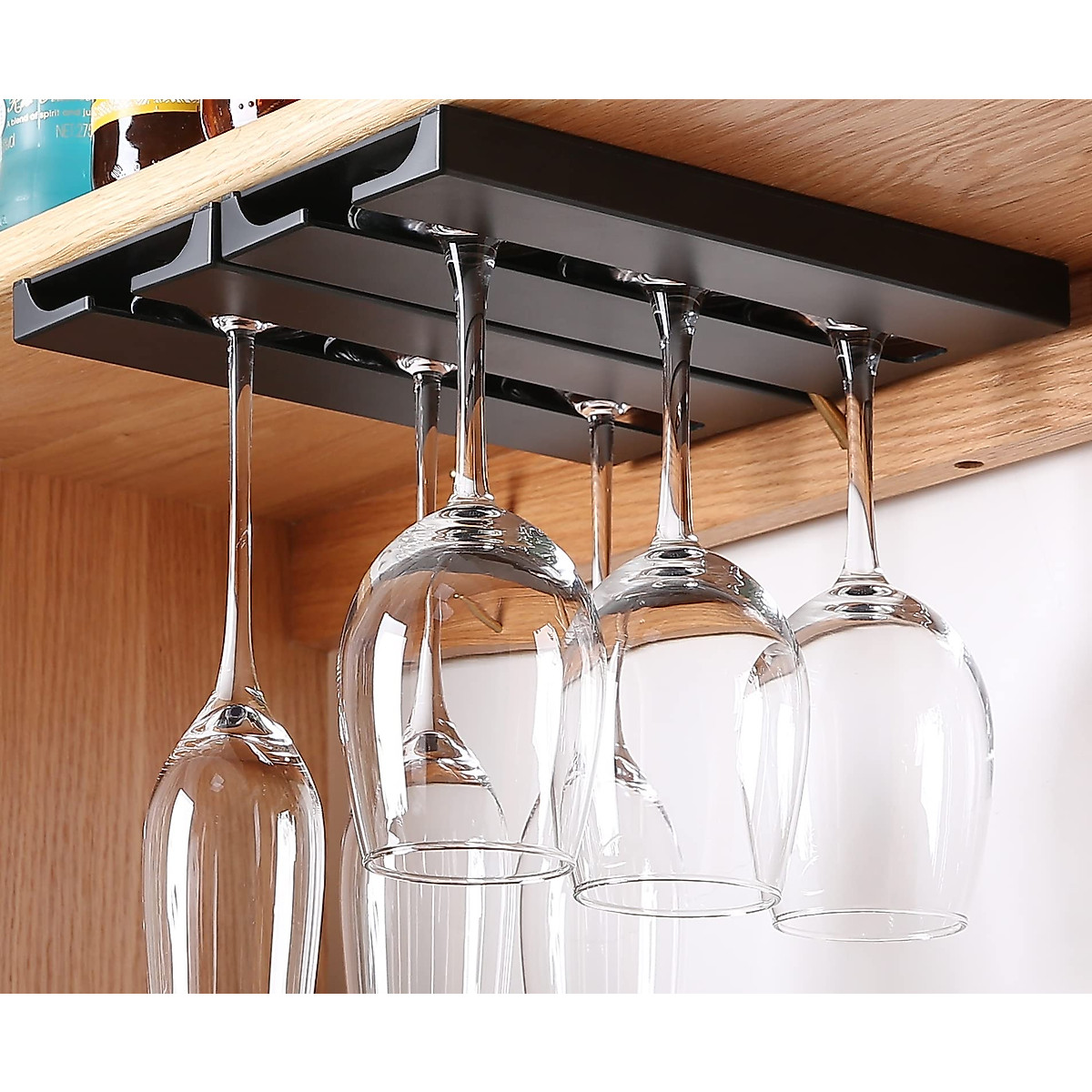 Manwo 2 Pack Wine Glass Holder Under Shelf or Cabinet Punch-free Wine Glass Rack Plastic Stemware Rack Glassware Drying Storage Hanger for Kitchen,Bar and Restaurant(Black)
