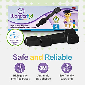 Adjustable & Reusable Child Safety Cabinet Locks & Latches, Baby Proofing Door Window, Cabinet, Toilet, & Refrigerator Lock, Child Safety Strap Locks with Adhesive Pads, Pack of 6, Black - Wonderkid