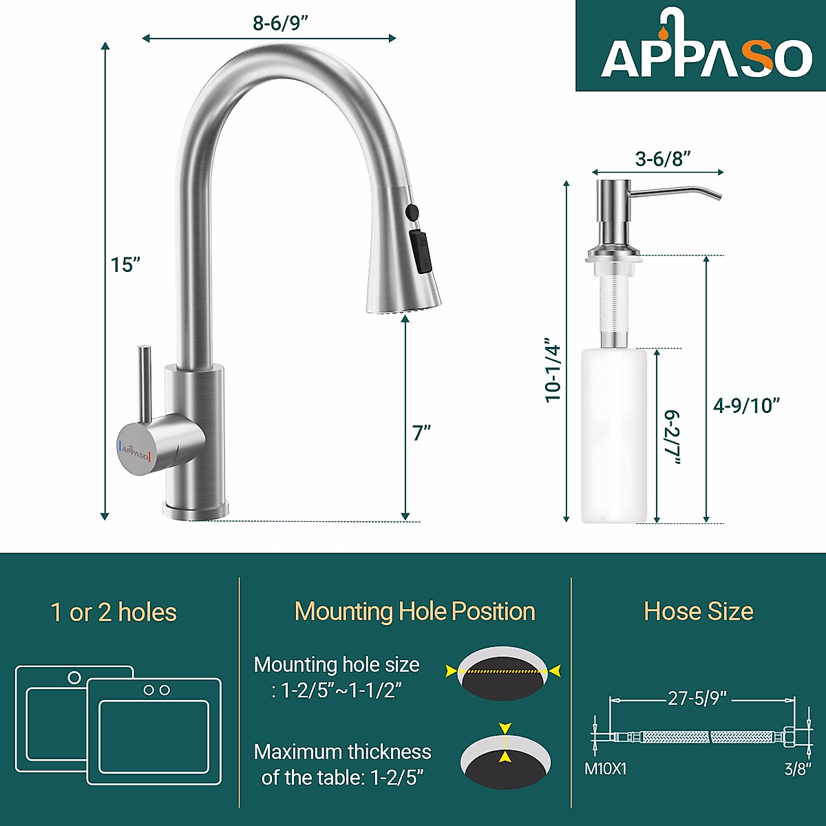 APPASO Kitchen Faucet with Soap Dispenser, Brushed Nickel Kitchen Faucet with Pull Down Sprayer (3 Modes), 304 Stainless Steel High Arc 360 Degree Swivel Single Handle Faucet for Kitchen Sink