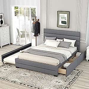 YUNLife&Home Upholstered Queen Size Platform Storage Bed with Trundle and Two Drawers, Velvet Upholstered Trundle Bed Frame, Wooden Queen Bed Frame with Headboard, No Box Spring Needed