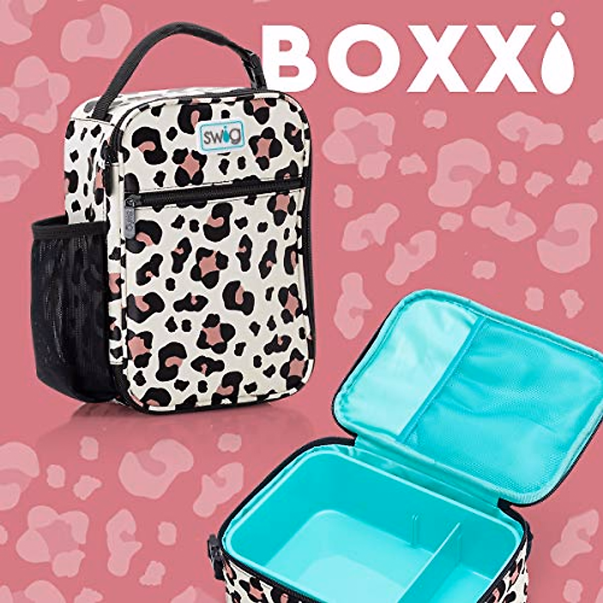 Swig Life Boxxi Lunch Box, Insulated Lunch Box for Women with Water Bottle Holder Side Pocket, Adjustable Meal Divider, Front Zipper Pocket, and Top Buckle Handle in Luxy Leopard Print