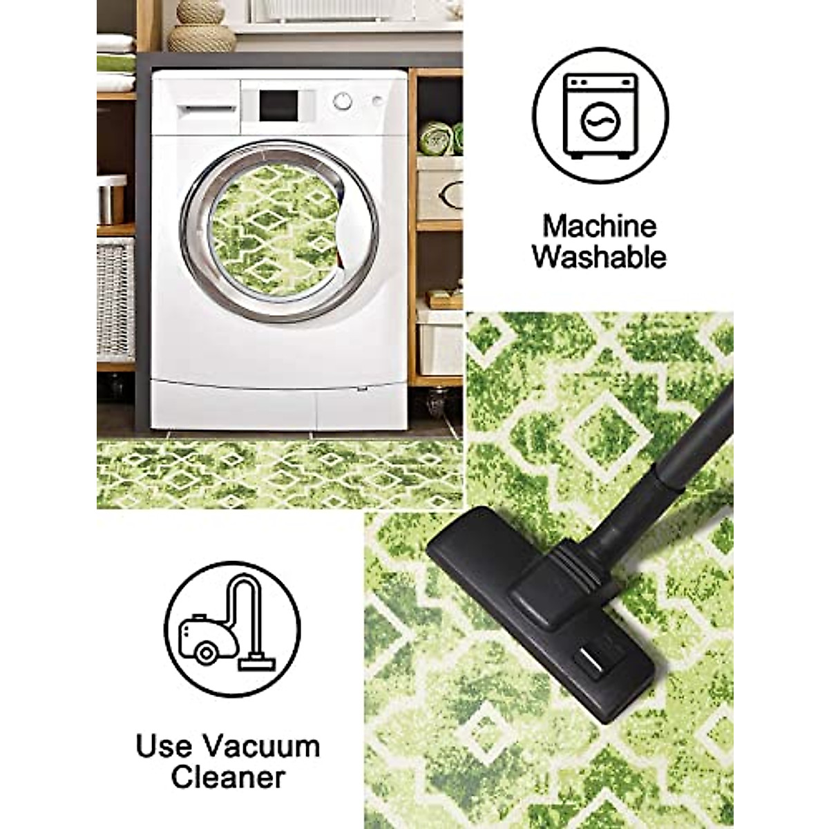 Moroccan Runner Rug,2'X 6' Distressed Washable Area Rug Green Non-Slip Kitchen Mat Faux Wool Low-Pile Floor Carpet for Kitchen Laundry Bedroom Bathroom Living Room