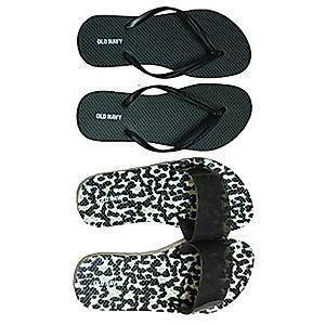 Old Navy Women Beach Summer Casual Flip Flop Sandals (7 Big Leopard Slide & Black Flip Flops)