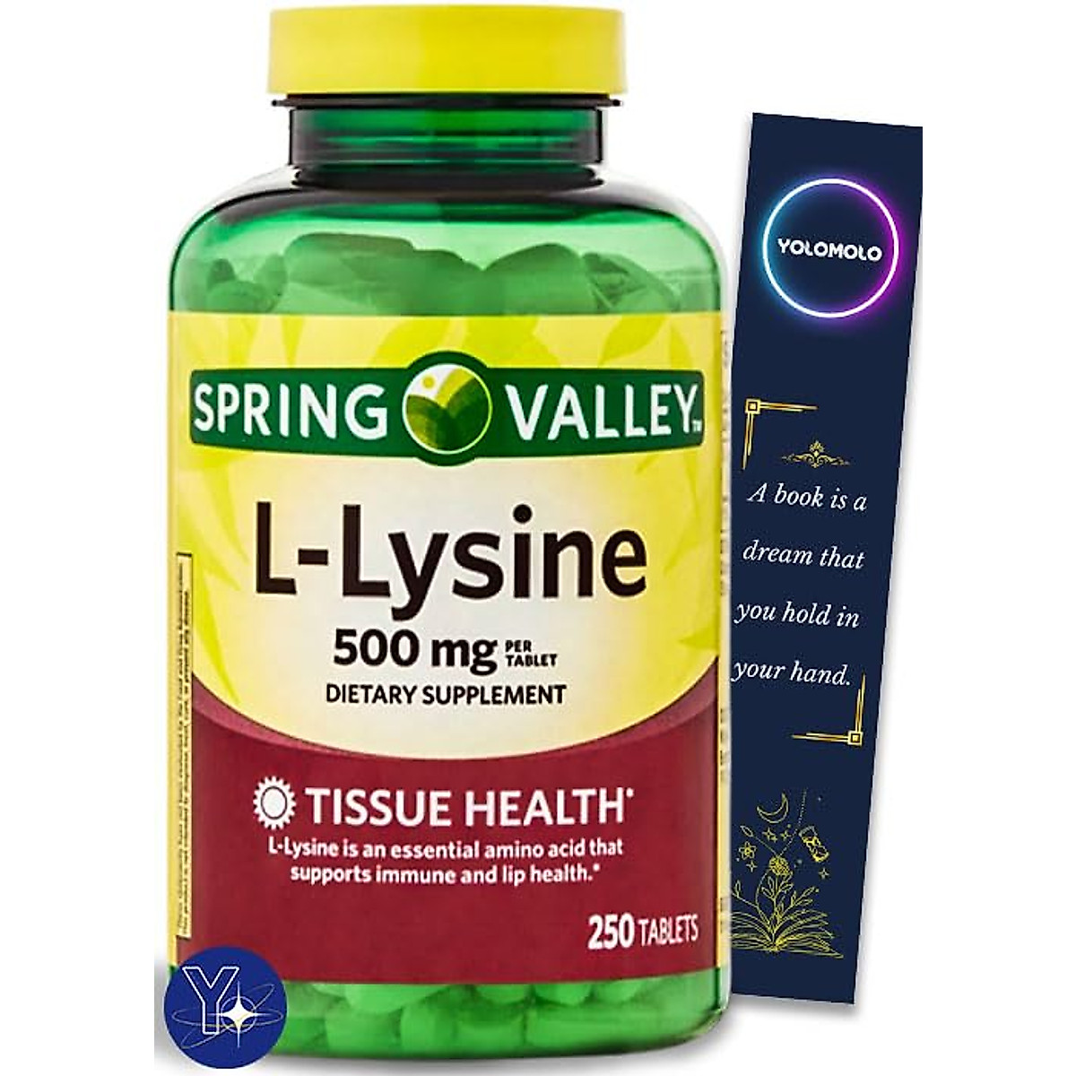 Spring Valley L-Lysine Dietary Supplement, 500 mg, 250 Count and Bookmark Gift of YOLOMOLO