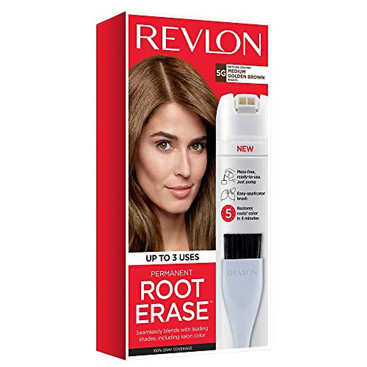 Revlon Permanent Hair Color, Permanent Hair Dye, At-Home Root Erase with Applicator Brush for Multiple Use, 100% Gray Coverage, Medium Golden Brown (5G), 3.2 Fl Oz