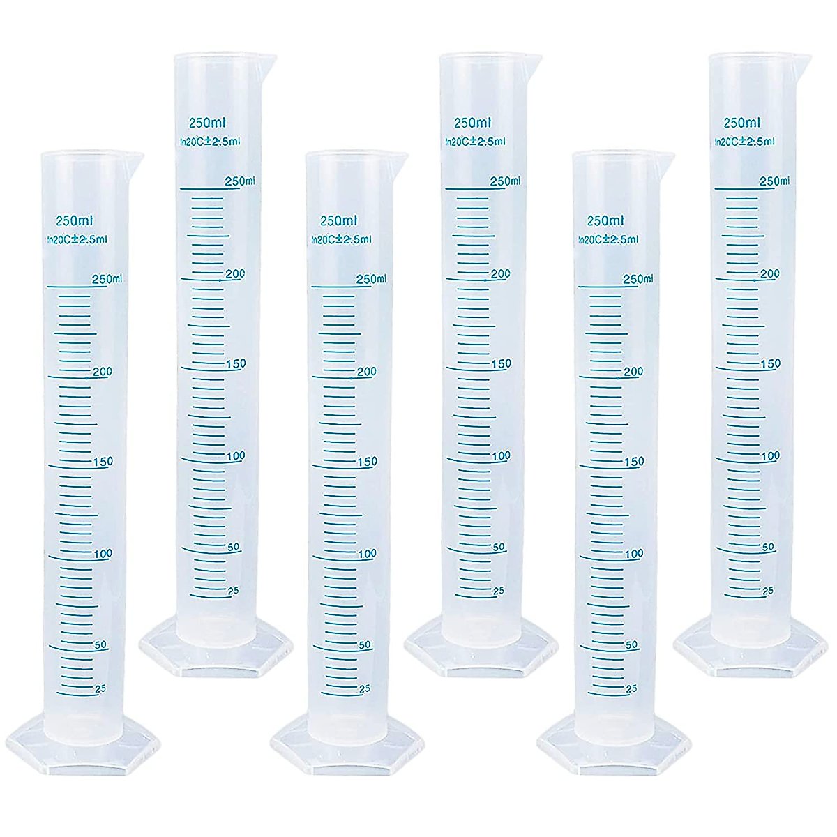 6Pack Plastic Graduated Cylinder 250 ml Transparent Measuring Cylinder Set, Science Measuring Test Tube Flask, Graduated Cylinder Beaker with 2-Sided Marking & Pour Spout for Home and School Science