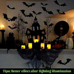 132 Pcs Halloween Bats Wall Decor with Glow in The Dark Eyes, Large Halloween 3D Bats Stickers Black Bats Decals Decorations Indoor, PVC Bats for Halloween Party