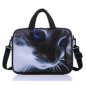14 Inch Neoprene Laptop Sleeve Case Bag with shoulder strap For 14" Notebook/MacBook/Ultrabook/Chromebook (Grey cat with blue eyes)