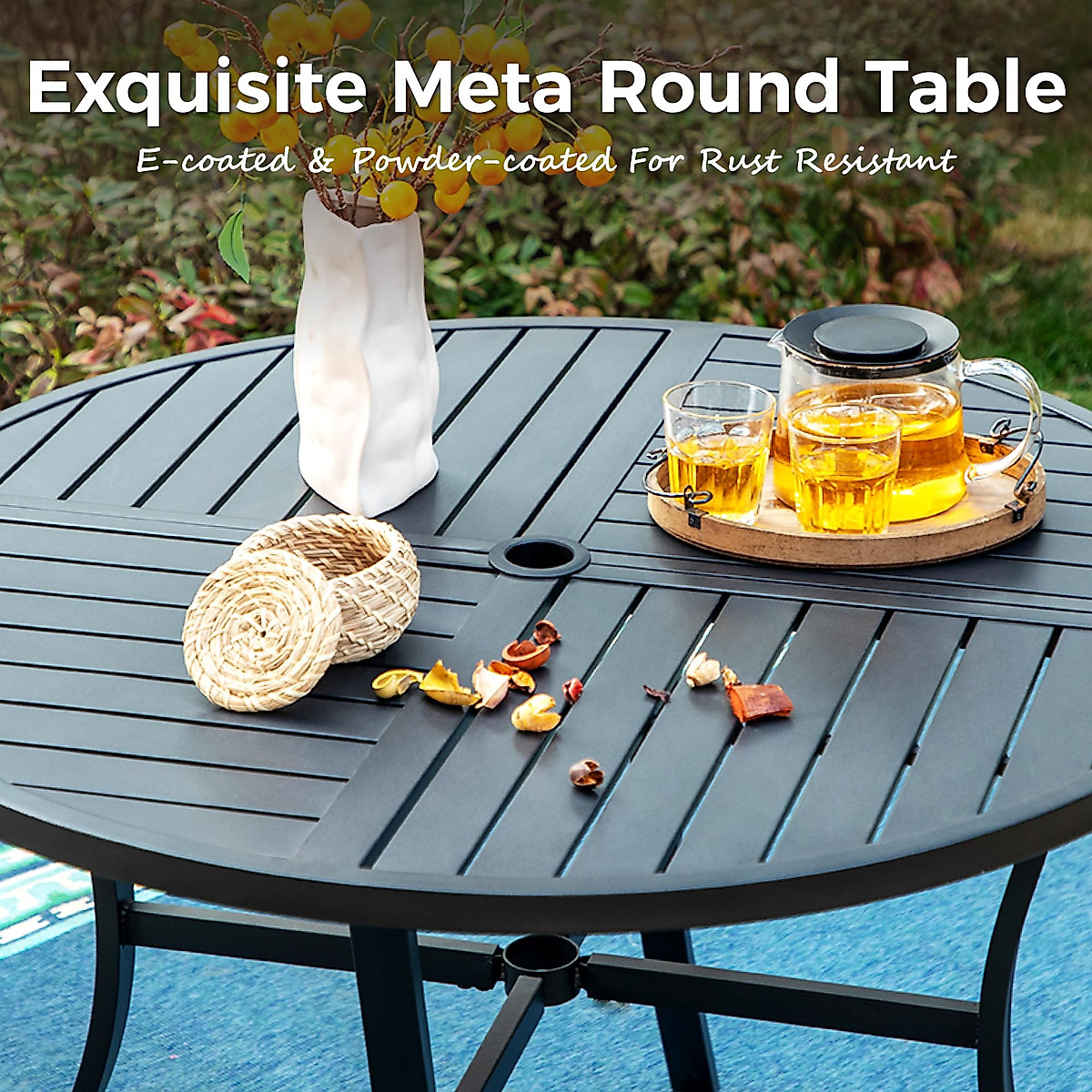MIXPATIO 5 Pieces Patio Dining Set, 4 Person 42" Round Black Table and Textilene Chairs, with 1.57" Umbrella Hole, Outdoor Patio Table and Chairs, for Garden Lawn Porch Backyard Poolside