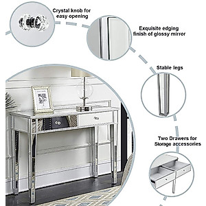 Mirrored Console Table with 2 Drawer, Silver Mirrored Makeup Dressing Table Vanity Desk, Modern Writing Desk Media Table for Bedroom Entryway Home Office