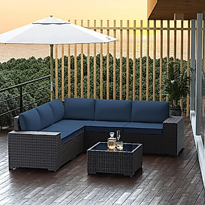 RTDTD Outdoor Patio Furniture Set, 6 Pieces Outdoor Furniture All Weather Patio Sectional Sofa PE Wicker Modular Conversation Sets with Coffee Table,5 Chairs & Seat Clips Dark Blue