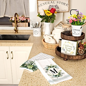 GEEORY Monogram Letter M Kitchen Towels for Home Decor Eucalyptus Leaves Family Last Name Initial Dish Towels 18x26 Inch Ultra Absorbent Bar Drying Cloth Hand Towel Bathroom Decorations Set of 2