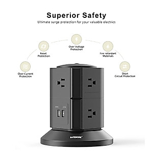 4 Side Power Strip Tower SAFEMORE with 7 Widely Outlets / 2 USB Ports, Flat Plug 6ft Charging Station for Home & Office (Black)