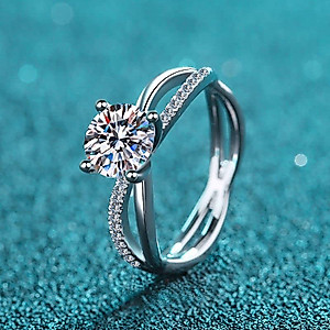 Jiostonor Moissanite Engagement Ring 925 Sterling Silver in 18K White Gold Plated, 4-Prong Petite Hollow out design Round Cut Ring 1.0 CT Moissanite Engagement Ring Promise Bridal Ring