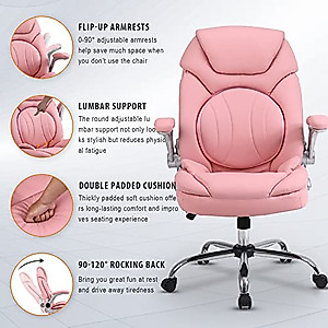 Comermax Ergonomic Executive Office Chairs with Adjustable Lumbar Support, 90-120° Rocking Managerial Chair Swivel Desk Chairs with Padded Flip-up Armrests (Pink), Medium(300lbs)