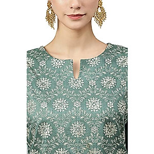 Janasya Indian Women's Mint Green Chinon Foil Print Kurta with Flared Palazzo and Dupatta(SET530-KR-PP-A-XXL)
