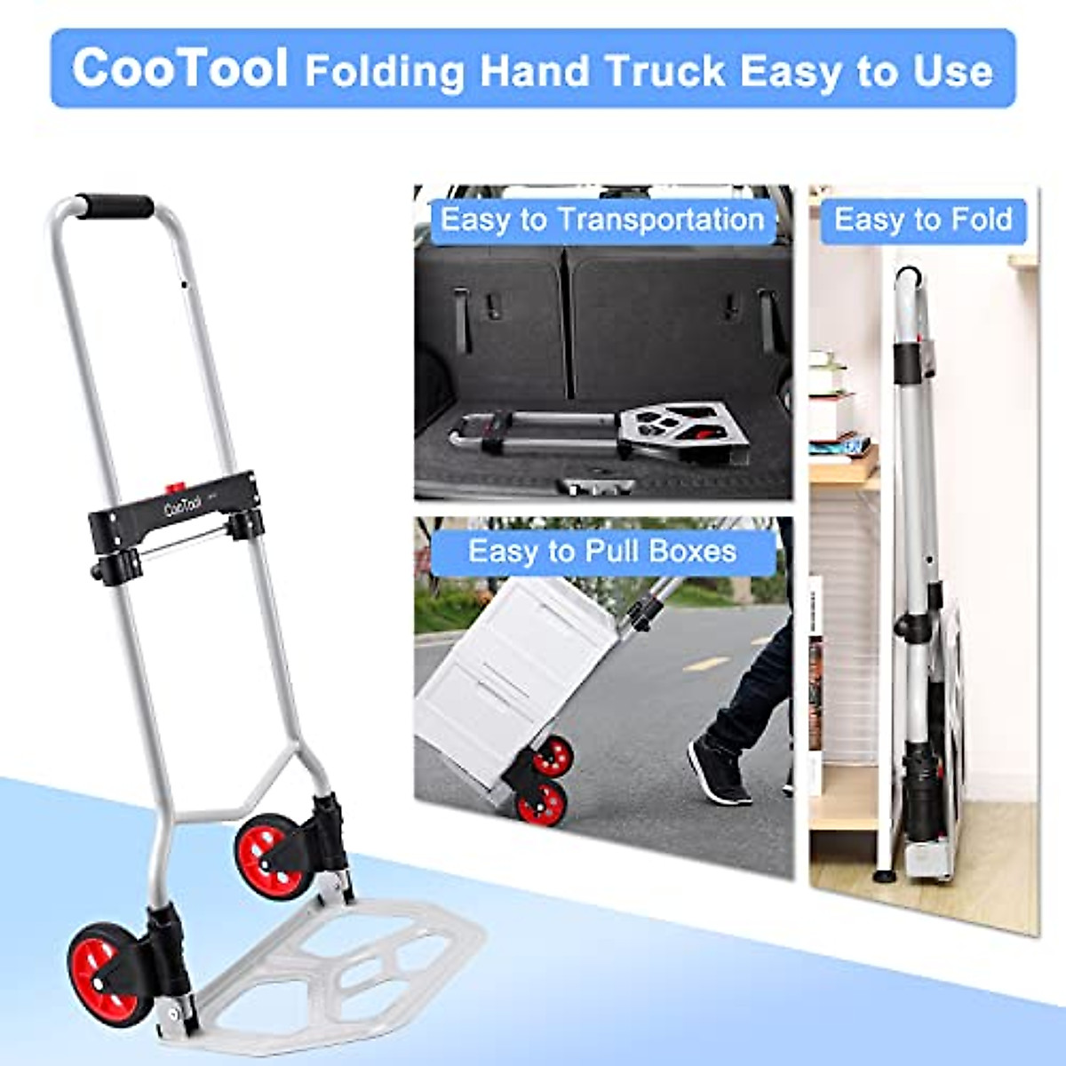 CooTool Folding Hand Truck and Dolly, 265 lb Capacity Aluminum Portable Cart with Telescoping Handle and PP+EVA Wheels