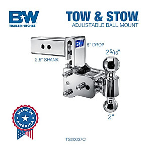 B&W Trailer Hitches Chrome Tow & Stow Adjustable Trailer Hitch Ball Mount - Fits 2.5" Receiver, Dual Ball (2" x 2-5/16"), 5" Drop, 14,500 GTW - TS20037C